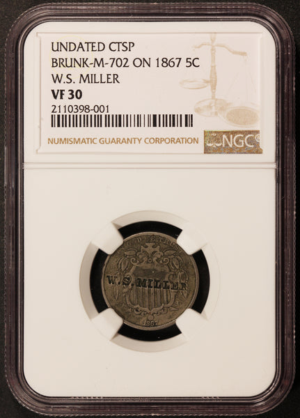 1867 Shield Nickel WS Miller Counterstamped Merchant Token Brunk-M-702 ...