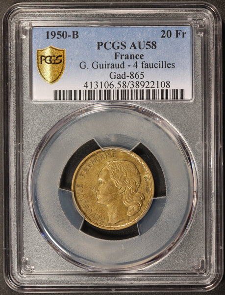 1950-B France 20 Francs G. Guiraud 4 Plumes Coin - PCGS AU 58 - KM# 91 ...